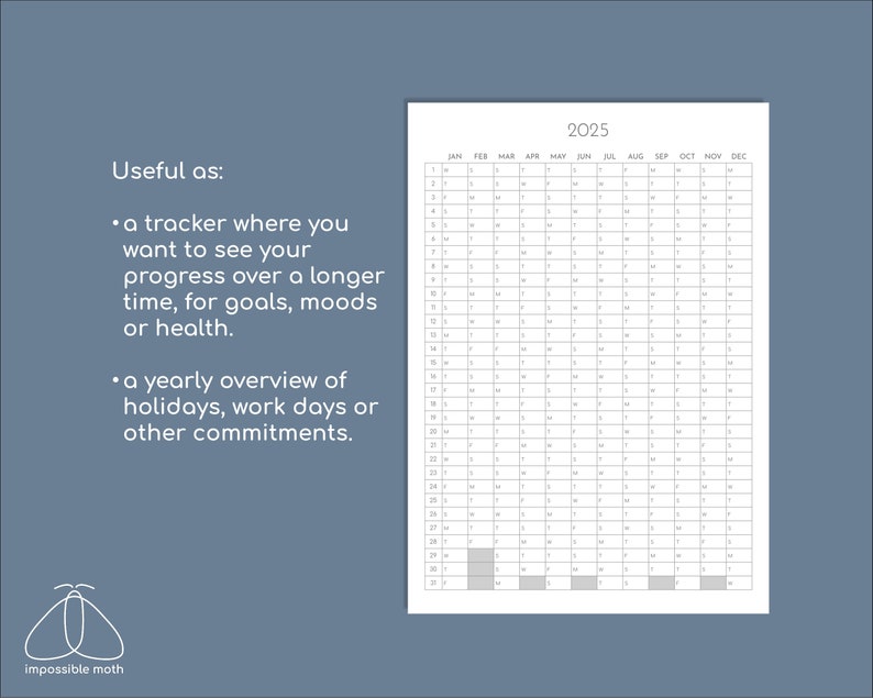 2025 Yearly Overview Calendar Printable, Portrait Wall Planner, Print ...