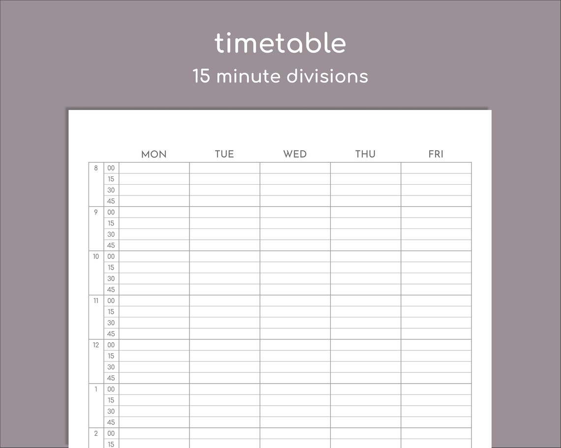 Undated Weekly Timetable Schedule Printable Pdf With 15 Minute - Etsy UK
