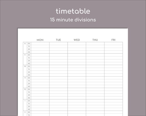 Undated Weekly Timetable Schedule Printable Pdf With 15 Minute - Etsy UK