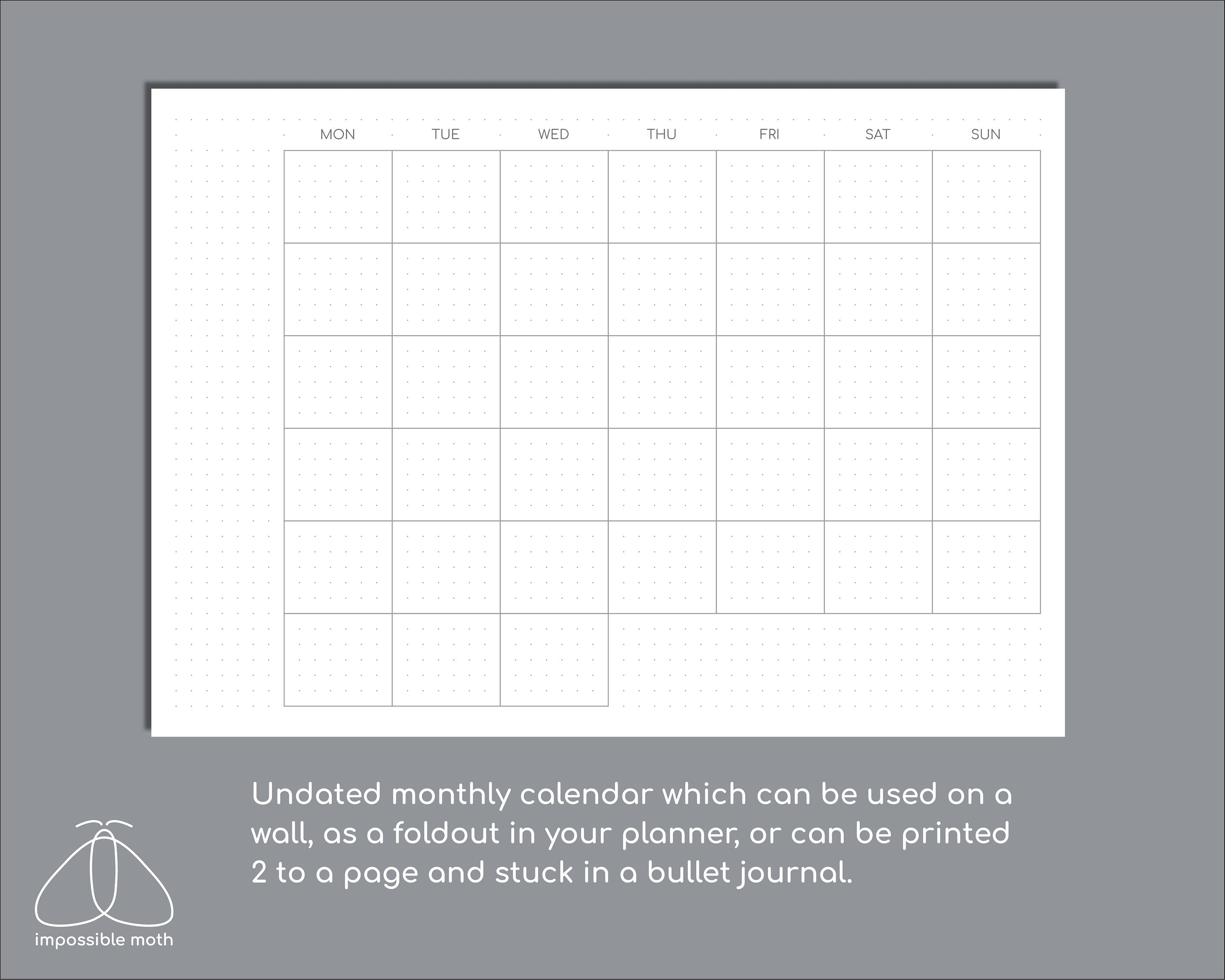 Undated Monthly Printable Dot Grid Calendar, Letter / A4, Monday and ...