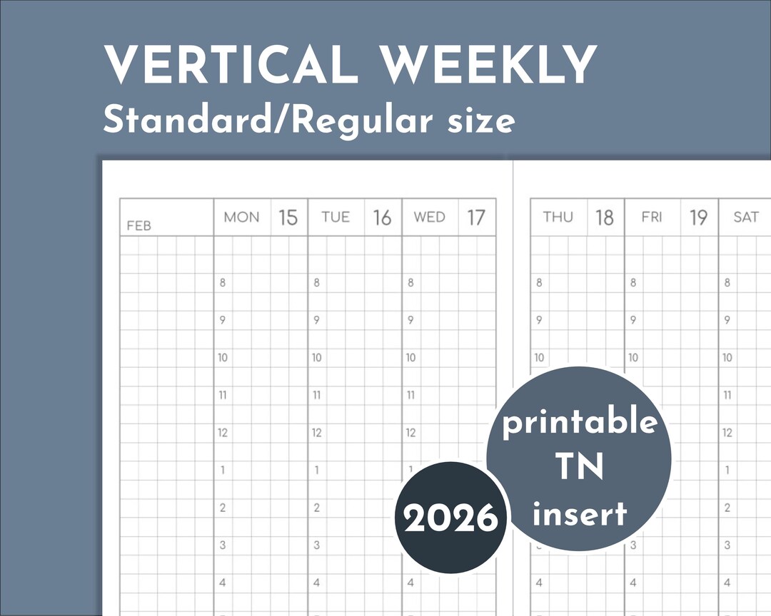 2026 Vertical Hourly Weekly Planner, Printable TN Inserts, Standard ...