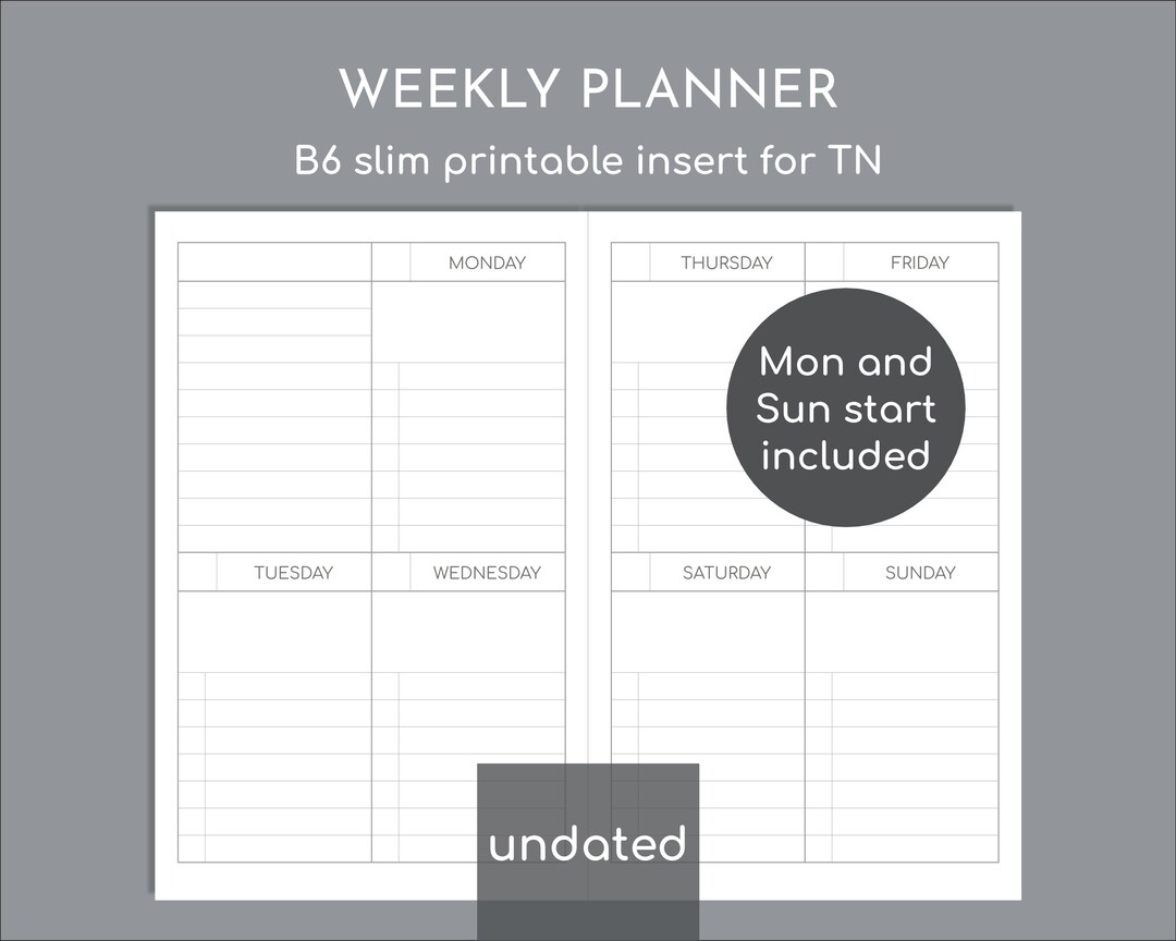 Dateless Weekly Planner With Task Lists, Printable B6 Slim Travellers ...