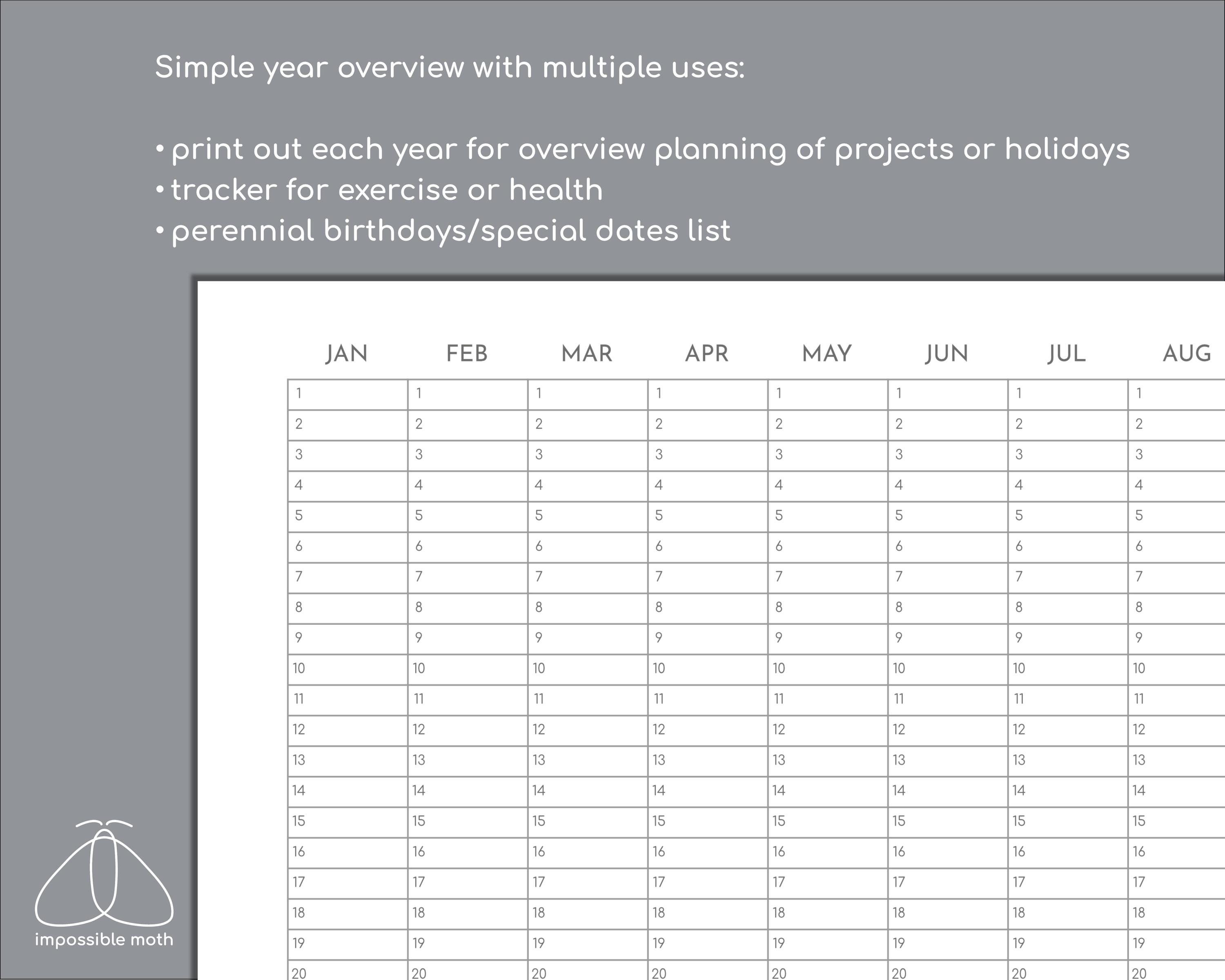 Perpetual Any Year Calendar Printable, A4 (print A5 - A0) and Letter ...