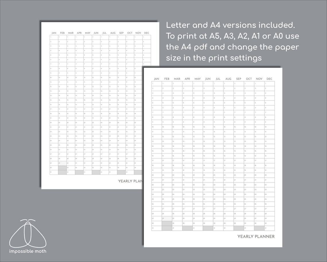Undated Yearly Calendar Printable, Perpetual Year Overview, Print at A5 ...