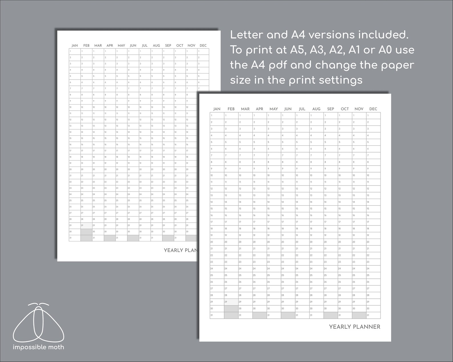 Undated Yearly Calendar Printable, Perpetual Year Overview, Print at A5 ...