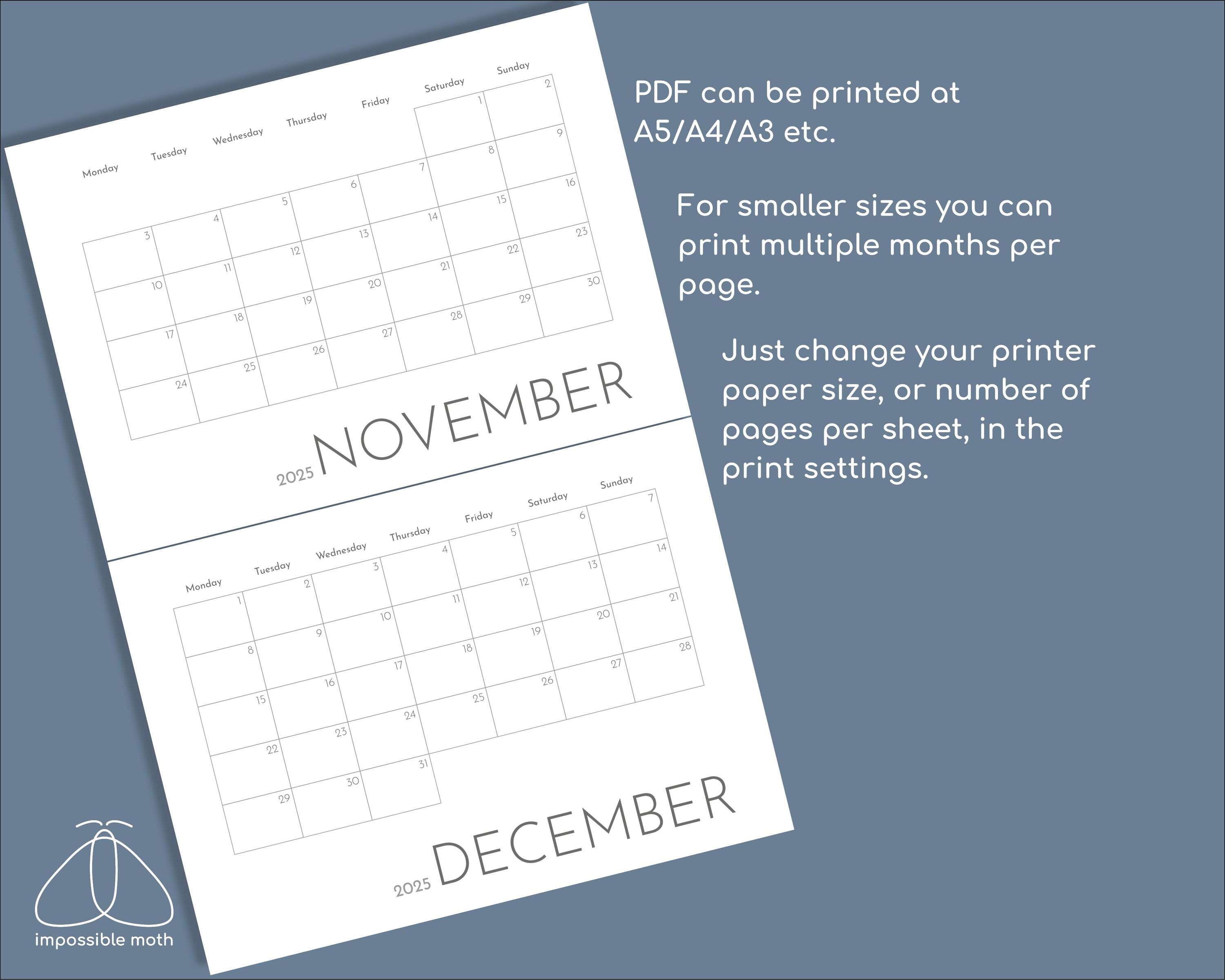 Monthly Calendar 2025, A4, A5, A3, Letter Minimalist Printable PDF - Etsy