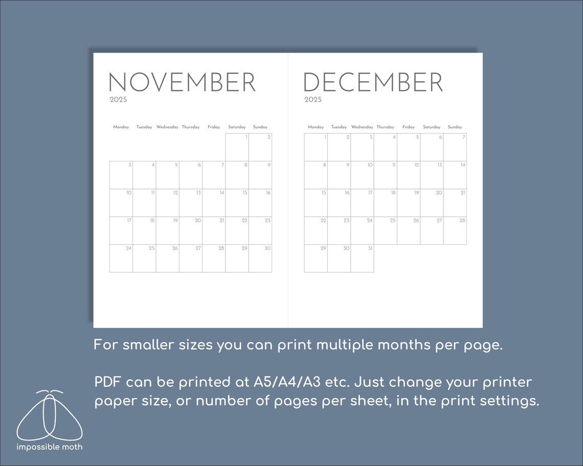 2025 Monthly Calendar, Printable on A4, A5, A3, Letter Paper - Etsy