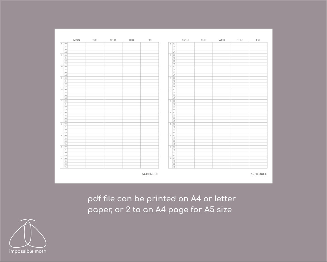 Undated Weekly Timetable Schedule Printable Pdf With 15 Minute - Etsy UK