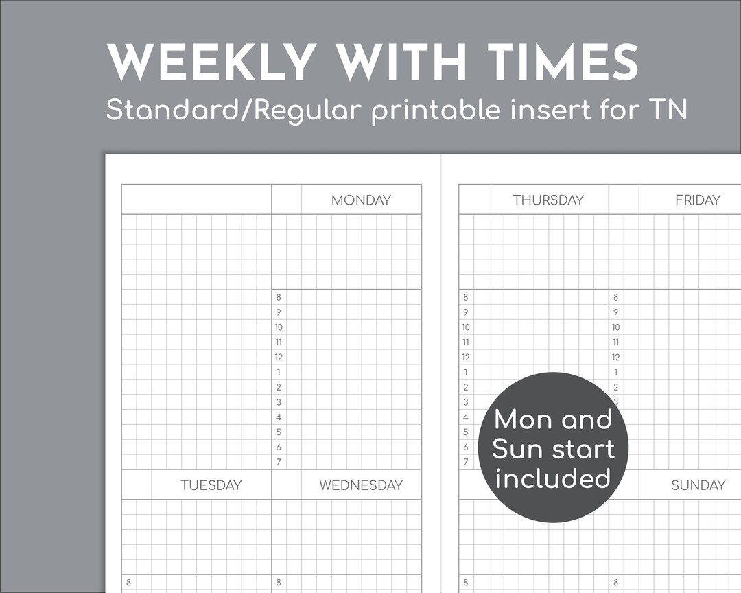 Undated Weekly Hourly Planner, Printable Inserts for Standard / Regular ...