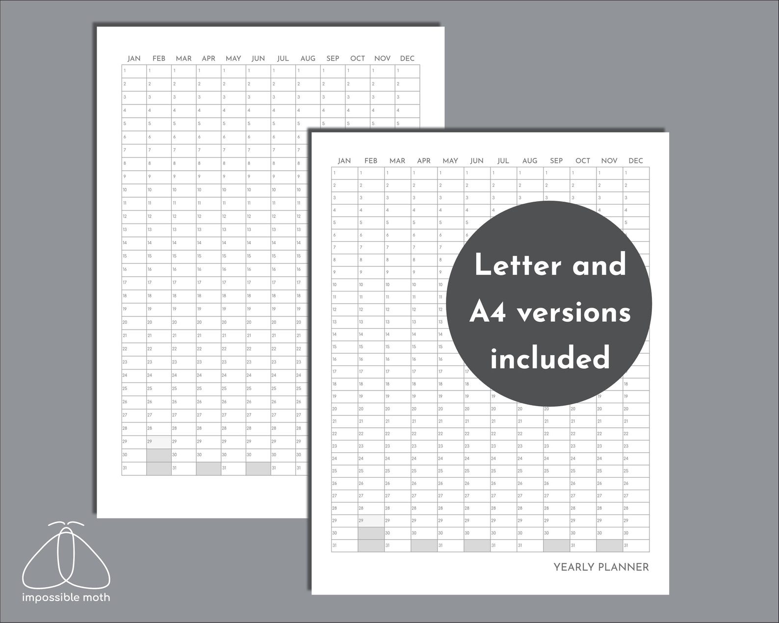 Undated Yearly Calendar Printable, Perpetual Year Overview, Letter or ...
