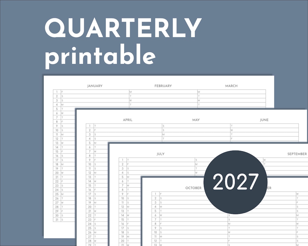 2027 Quarterly Planner Printable, Year on 4 Pages, With A4 and Letter ...