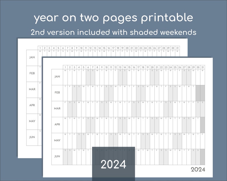 2024 Yearly Overview 2 Page Printable Calendar 6 Months per - Etsy