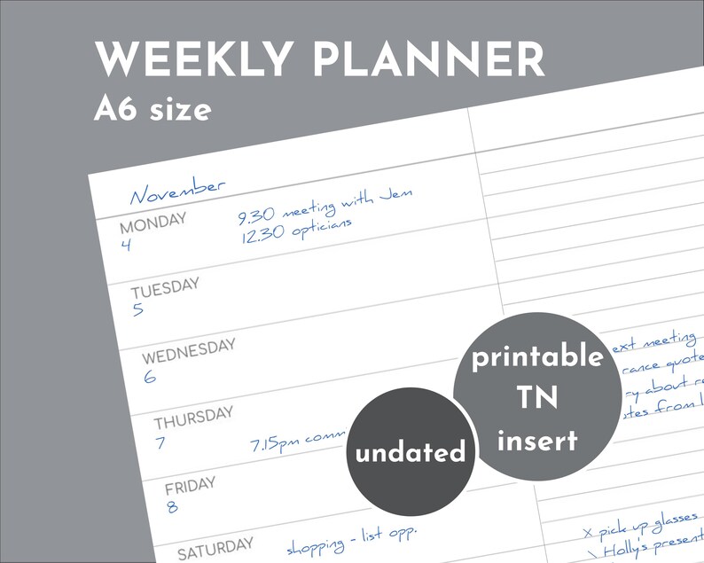 A6 Undated Weekly Diary, Printable Planner Travelers Inserts - Etsy