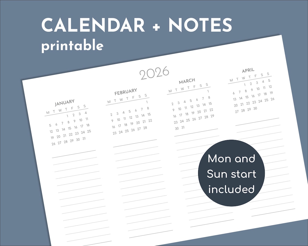 2026 Calendar With Notes Space, Printable Future Log - Etsy