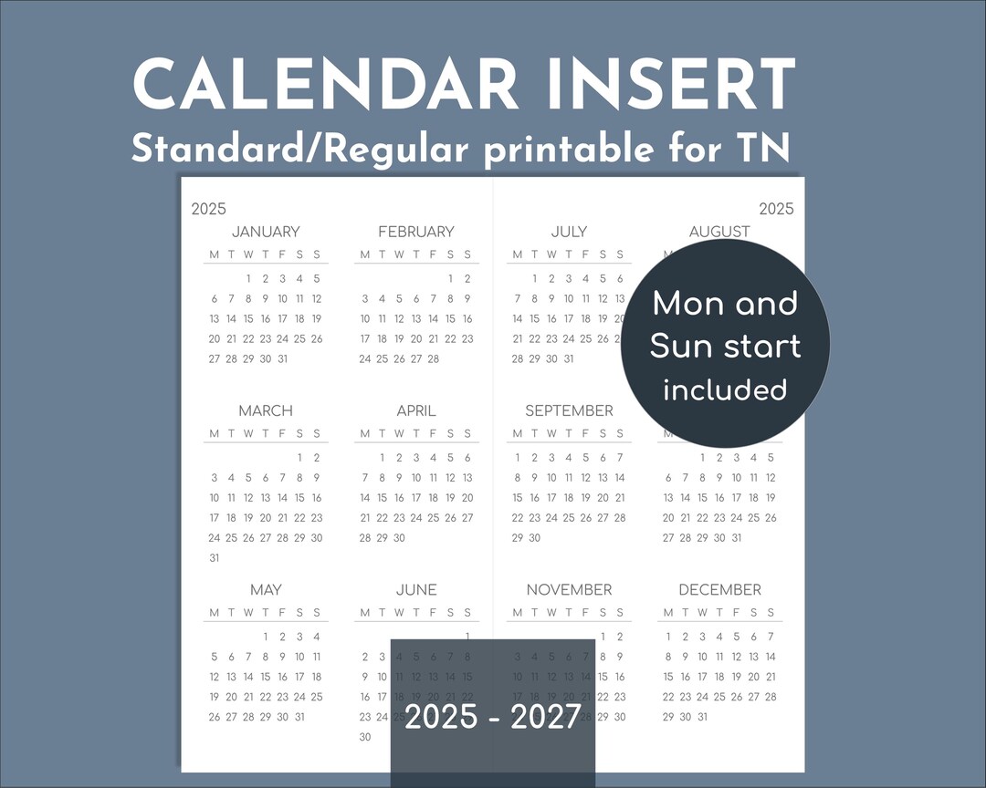 Yearly Calendar 2025-2027 Printable Insert for Narrow / Classic Slim ...