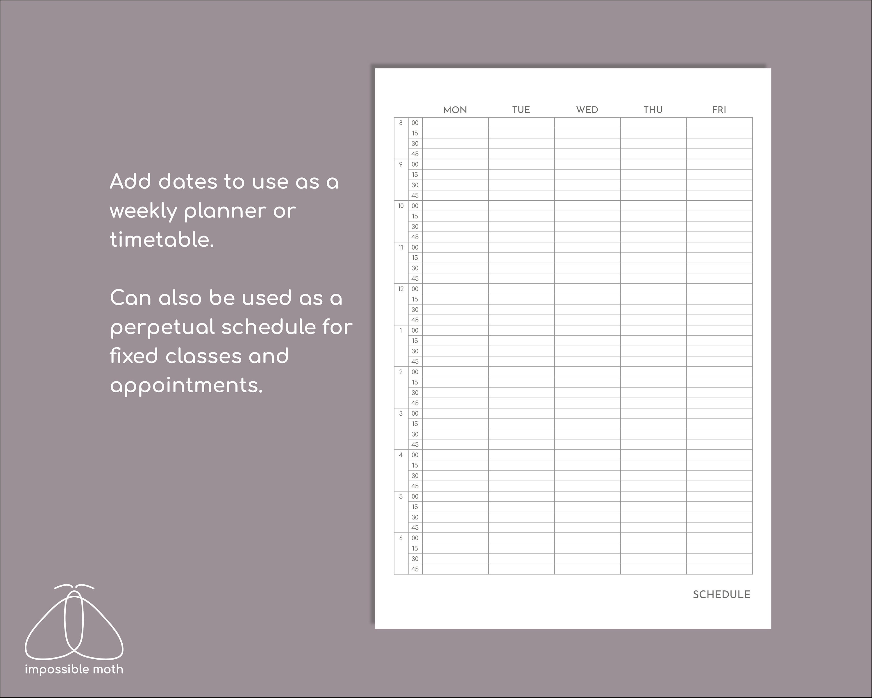 Undated Weekly Timetable Schedule Printable Pdf With 15 Minute - Etsy UK