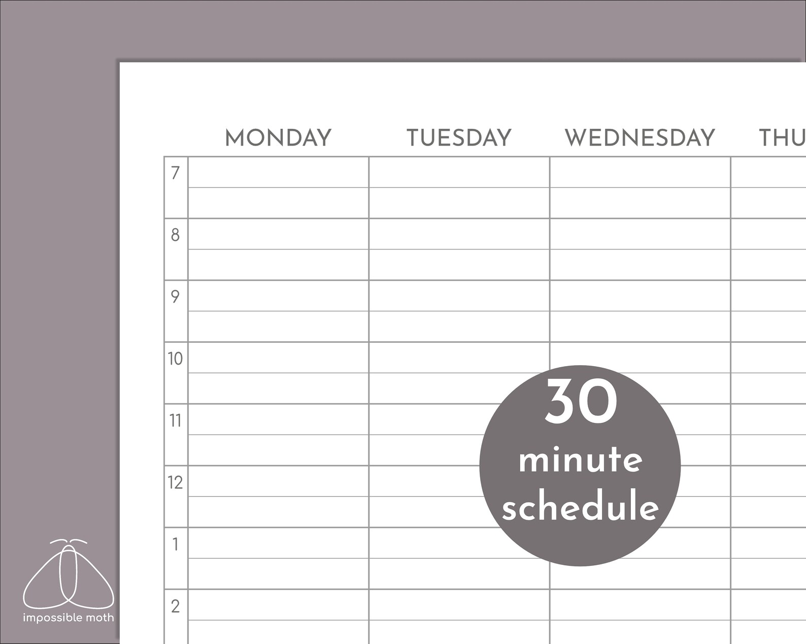 Weekly Half Hour Schedule Planner Printable Pdf, Monday / Sunday Start ...
