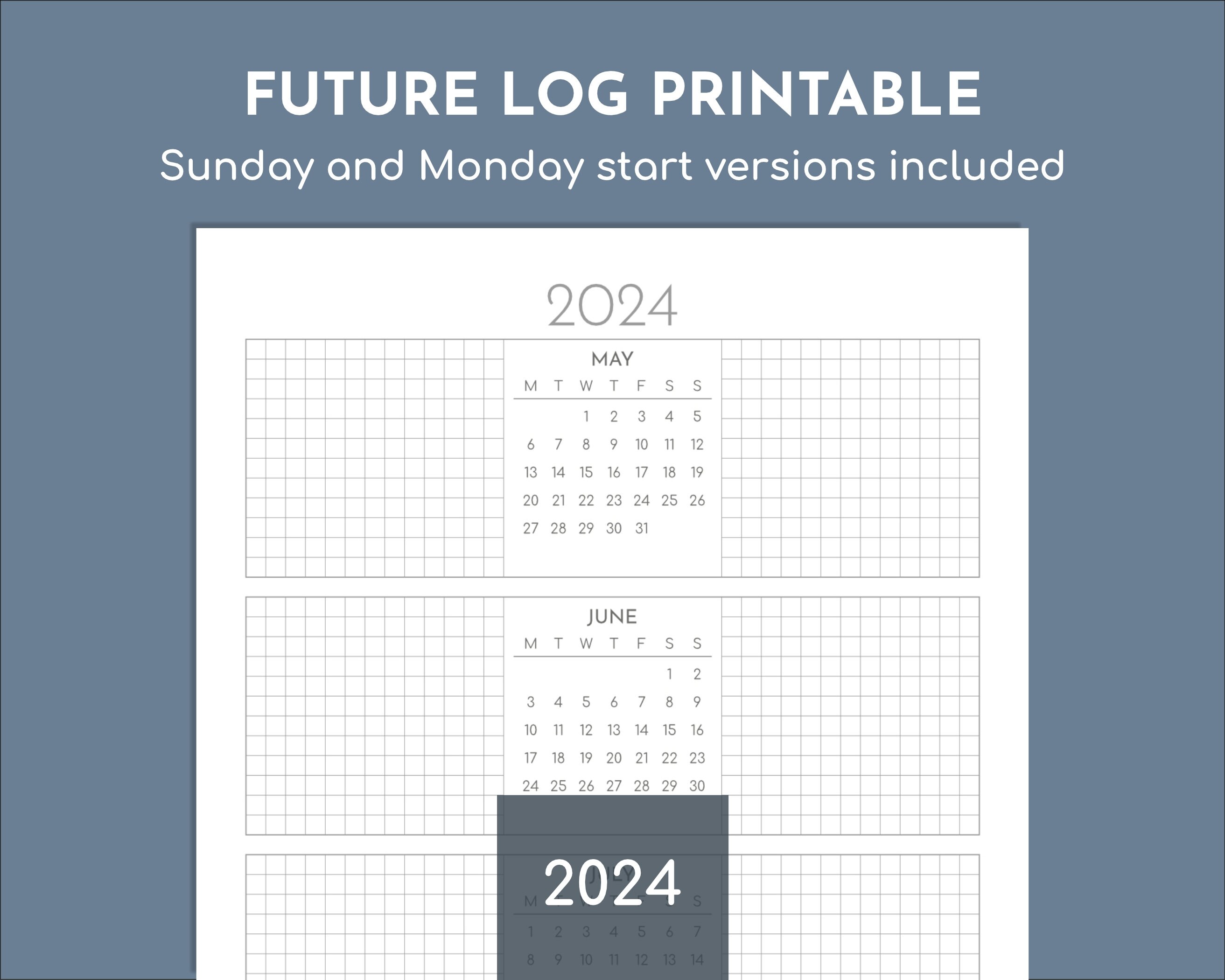2024 Future Log, Printable Overview Calendar, Monday and Sunday Start ...