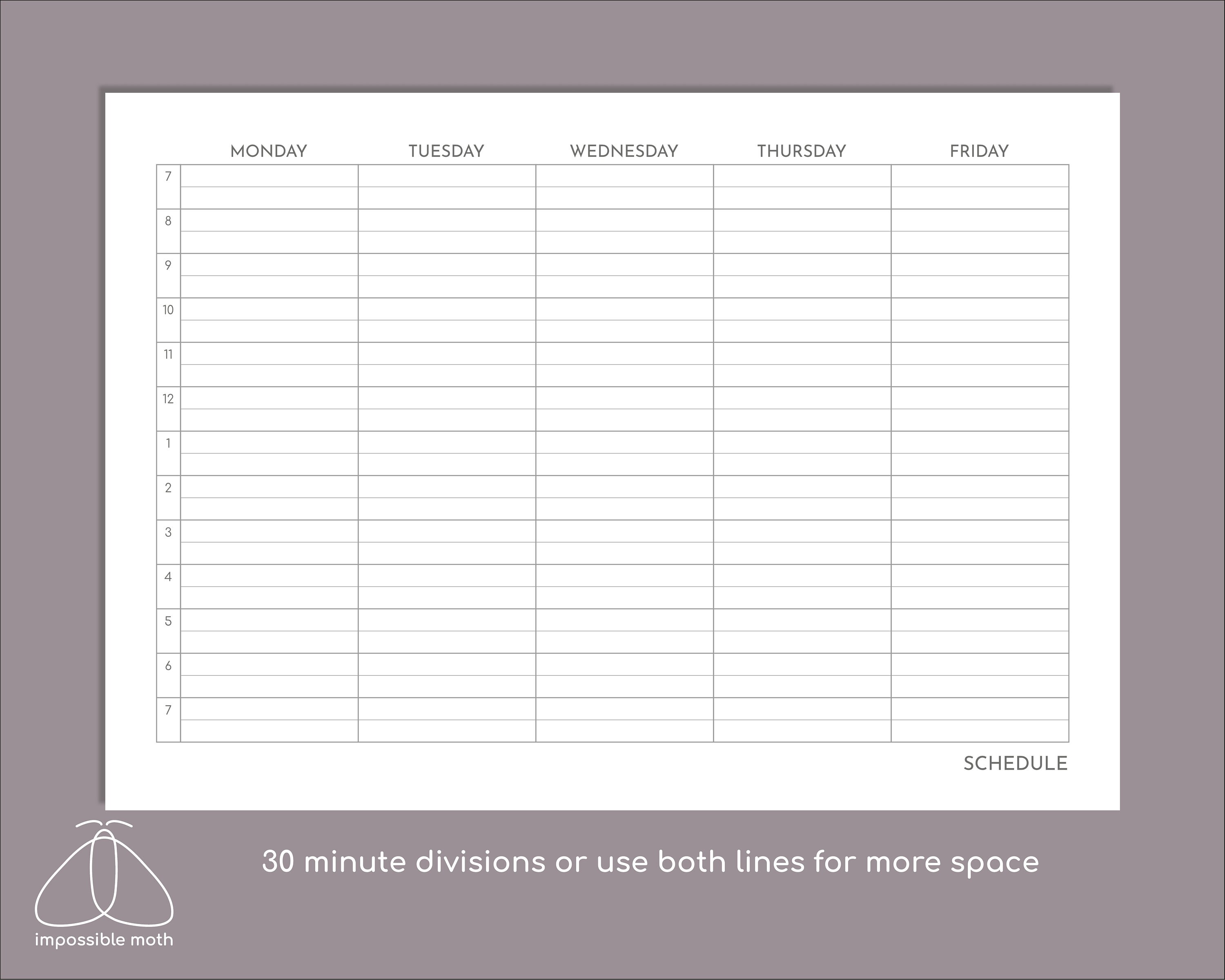 30 Minute Weekly Timetable Schedule, Undated Planner Printable Pdf, A4 ...