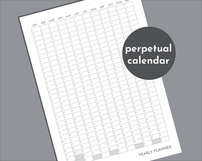 Undated Yearly Calendar Printable, Perpetual Year Overview, Letter or ...