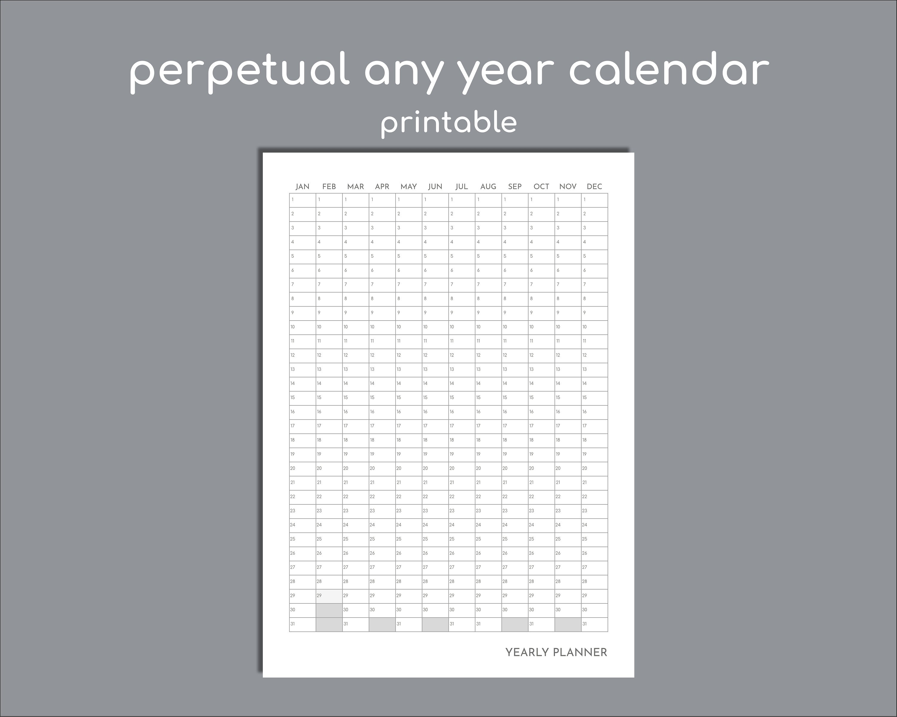Undated Yearly Calendar Printable, Perpetual Year Overview, Print at A5 ...