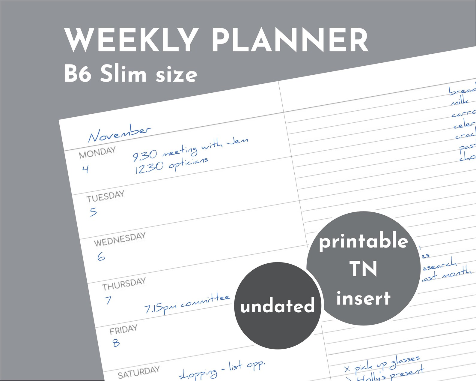 Weekly Planner With Notes, Undated Printable B6 Slim Insert for TN - Etsy