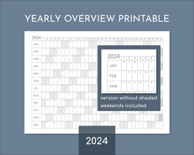 2024 Yearly Calendar Printable Overview Planner Print at A4 - Etsy ...