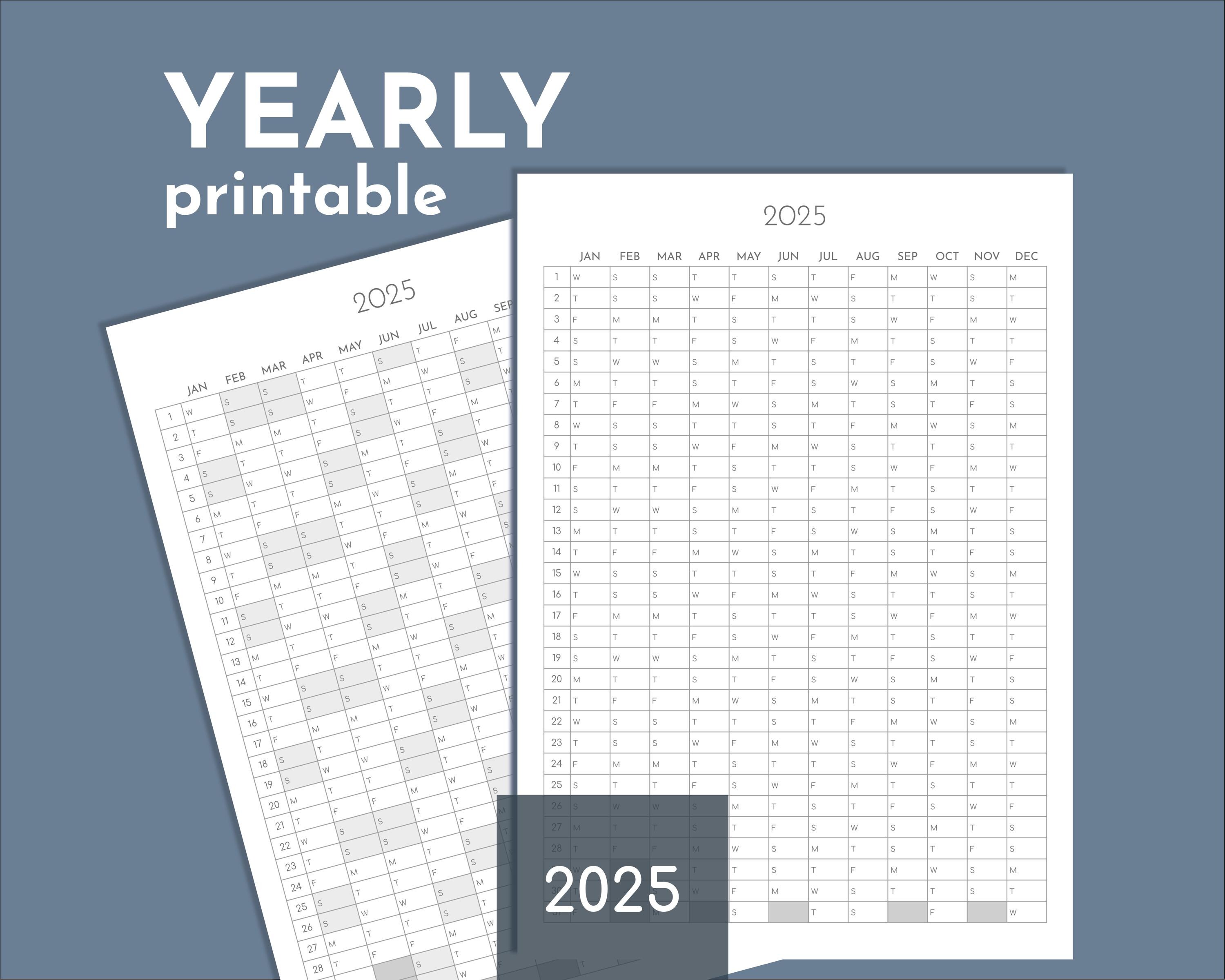 2025 Yearly Overview Calendar Printable, Portrait Wall Planner, Letter ...