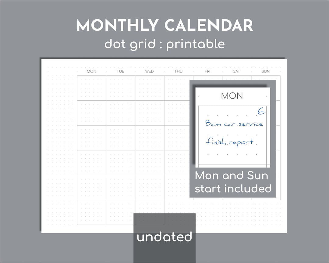 Undated Monthly Printable Dot Grid Calendar, Letter / A4, Monday and ...