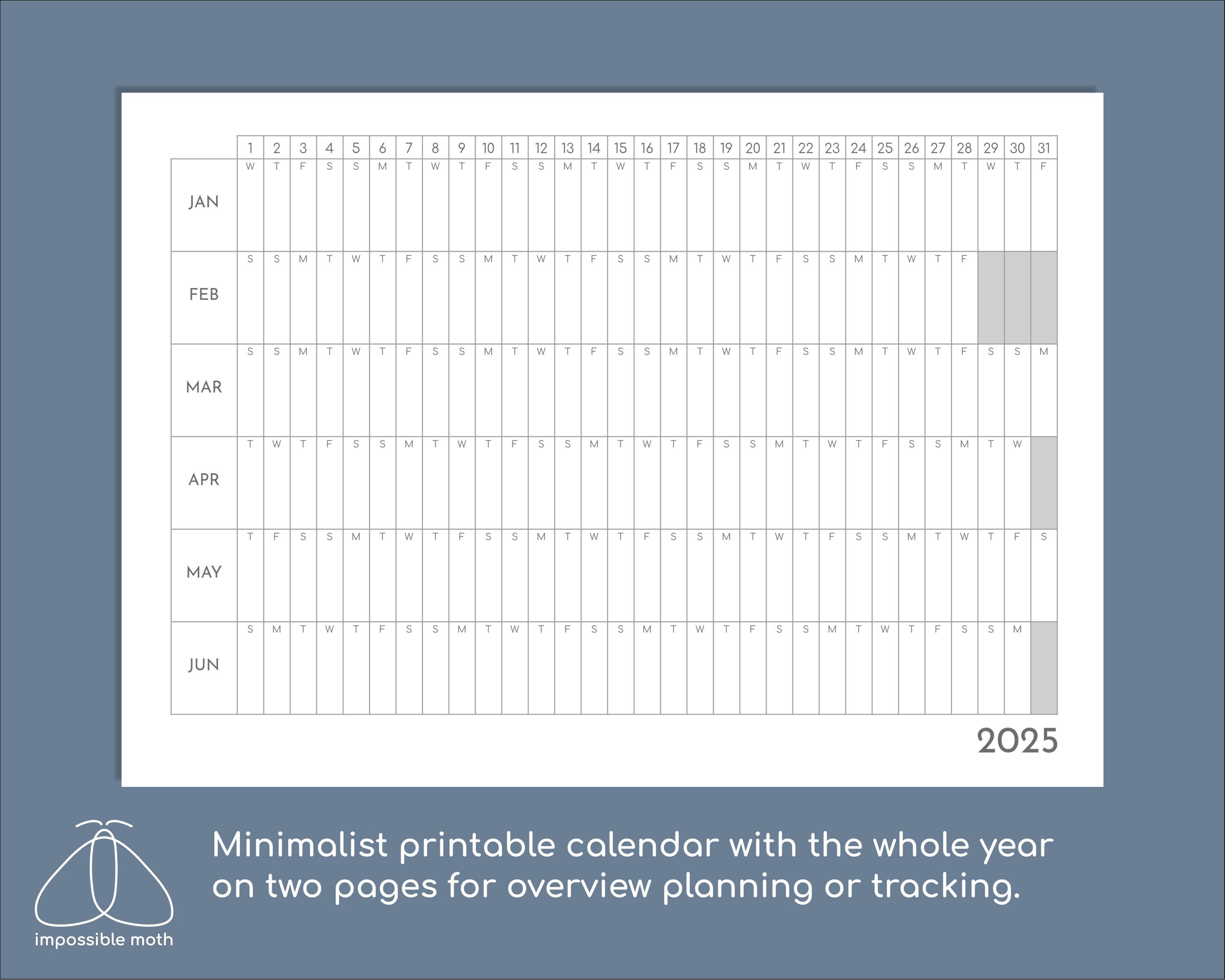 2025 Year Overview 2 Page Printable Calendar, 6 Months per Page Yearly ...