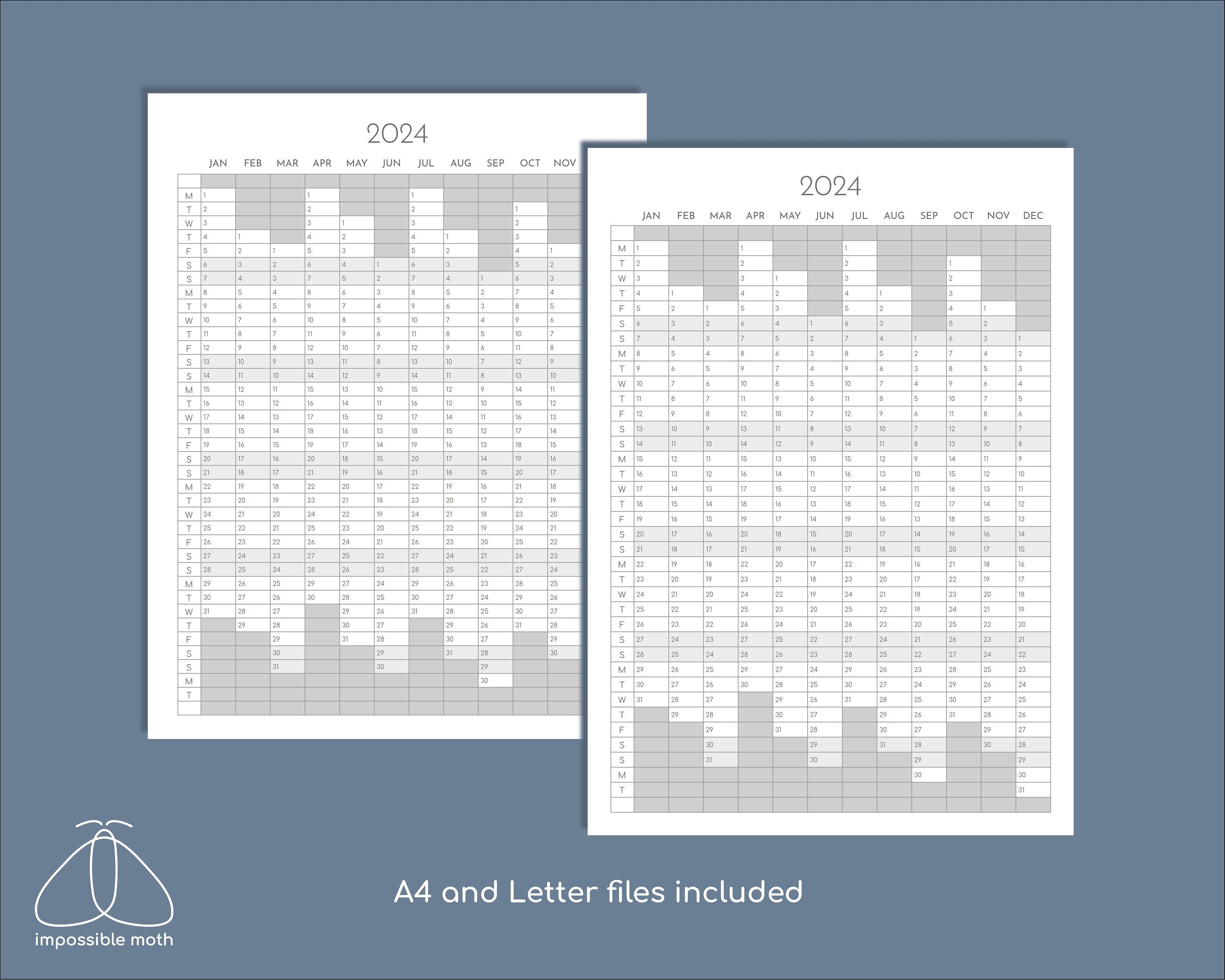 2024 Yearly Planner Printable, Portrait Year Overview, Print at A4 up ...