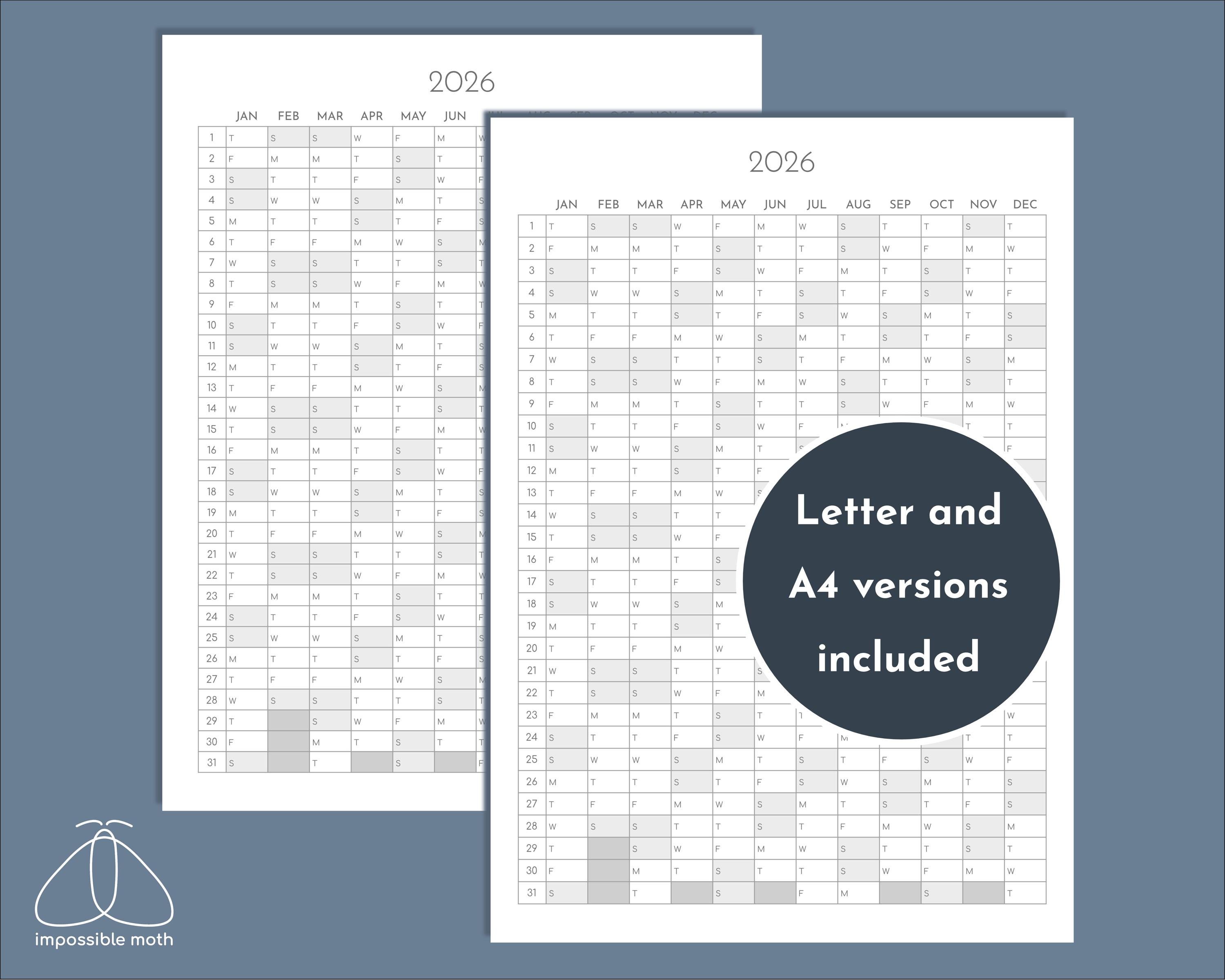 2026 Yearly Printable Calendar, Portrait Wall Planner, A4, A3, A2, A1 ...