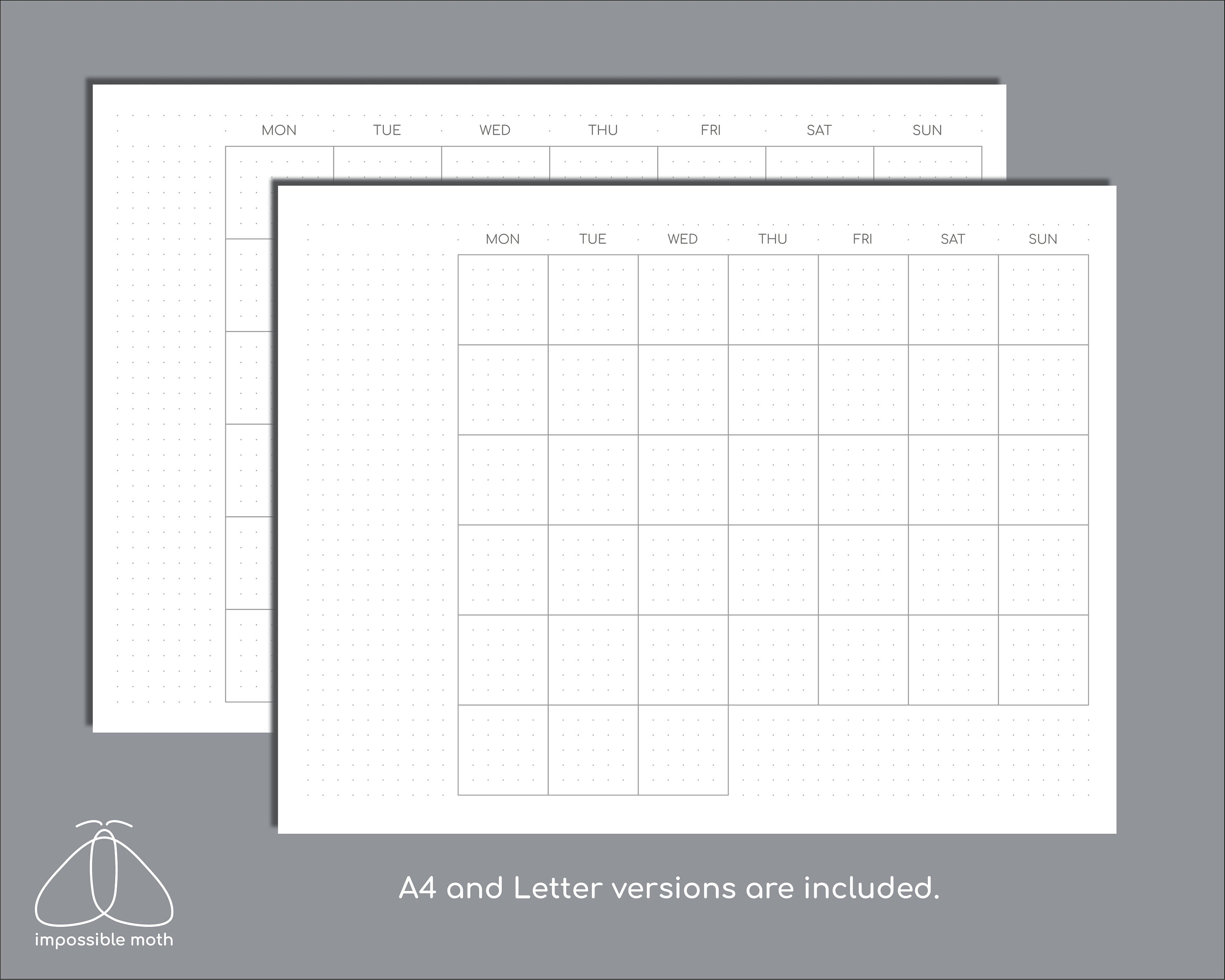 Undated Monthly Printable Dot Grid Calendar, Letter / A4, Monday and ...