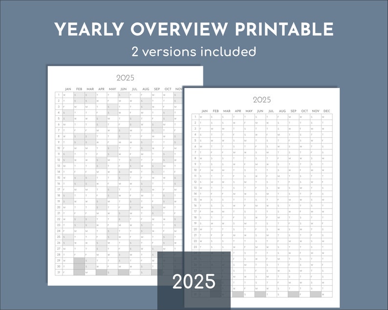 2025 Yearly Overview Calendar Printable, Portrait Wall Planner, Print ...
