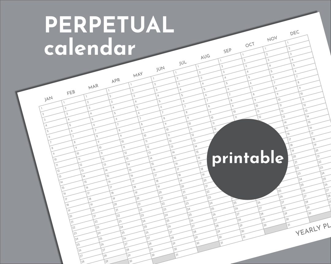Perpetual Any Year Calendar Printable, A4 (print A5 - A0) and Letter ...