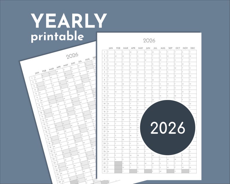 2026 Yearly Printable Calendar, Portrait Wall Planner, A4, A3, A2, A1 ...