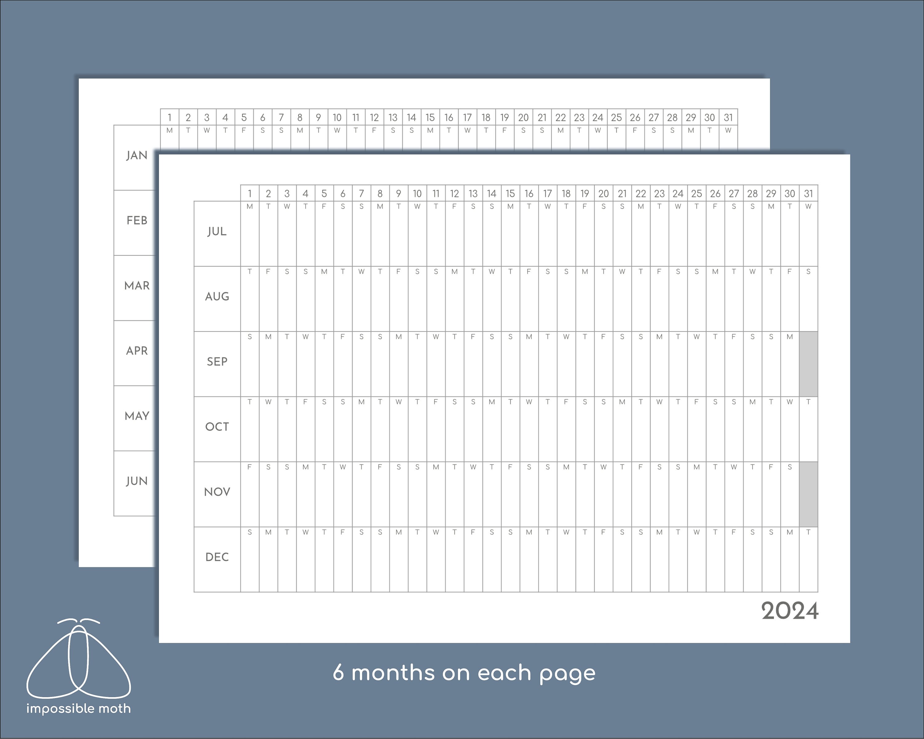 2024 Yearly Overview 2 Page Printable Calendar, 6 Months per Page ...