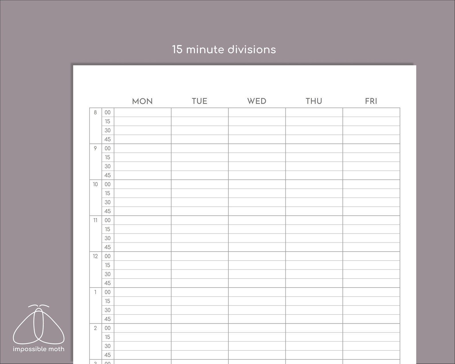 Undated Weekly Timetable Schedule Printable Pdf With 15 Minute - Etsy UK