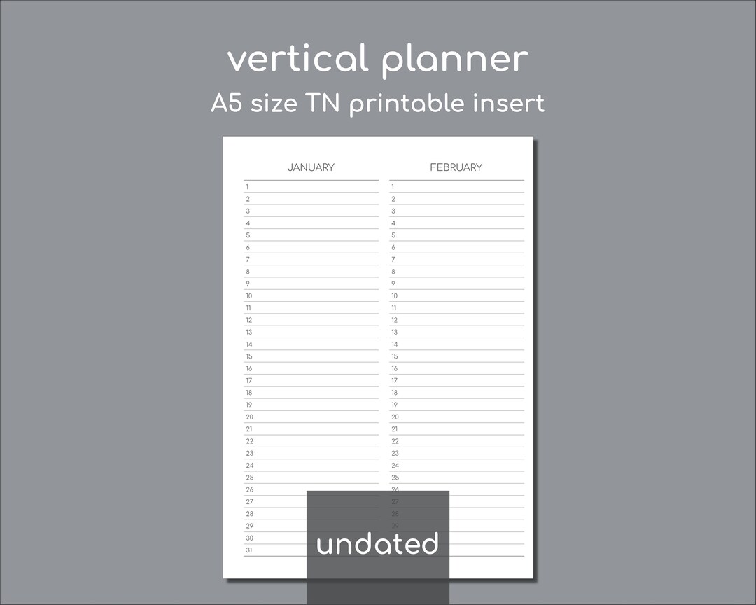 A5 Vertical Yearly Planner, Printable Travelers Insert - Etsy