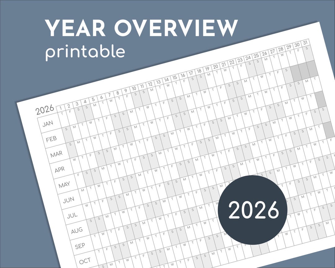2026 Yearly Calendar Printable, Overview Planner, Print at A4 up to A0 ...
