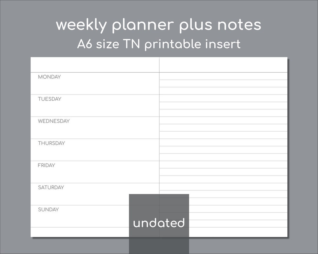 Undated Weekly Diary, A6 Planner Inserts Printable for Travelers ...