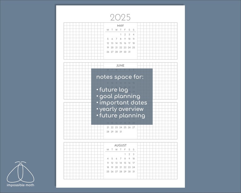 2025 Future Log, Printable Overview Calendar, Monday and Sunday Start ...
