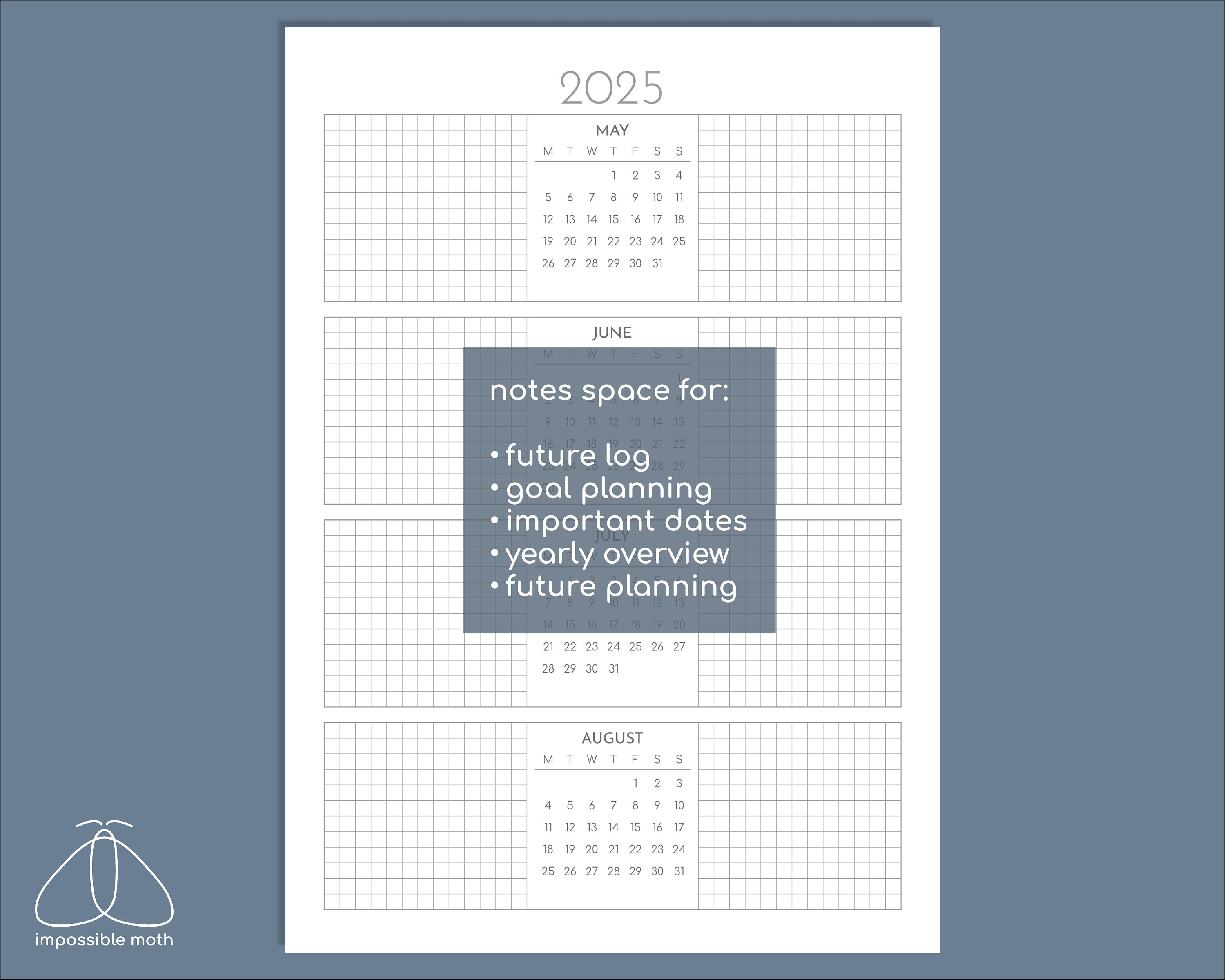 2025 Future Log, Printable Overview Calendar, Monday and Sunday Start ...
