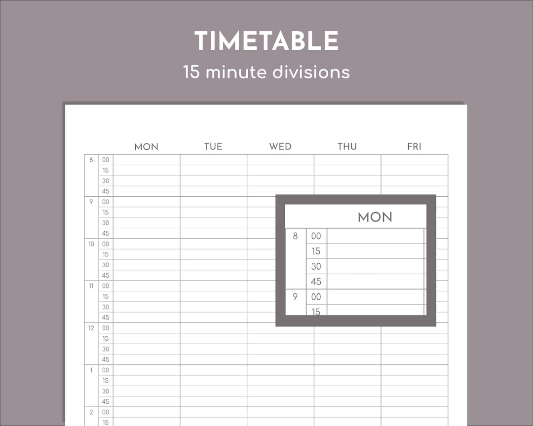 15 Minute Weekly Timetable Schedule Printable Pdf, Prints at A4 or ...