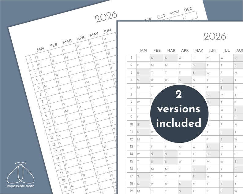 2026 Yearly Printable Calendar, Portrait Wall Planner, A4, A3, A2, A1 ...