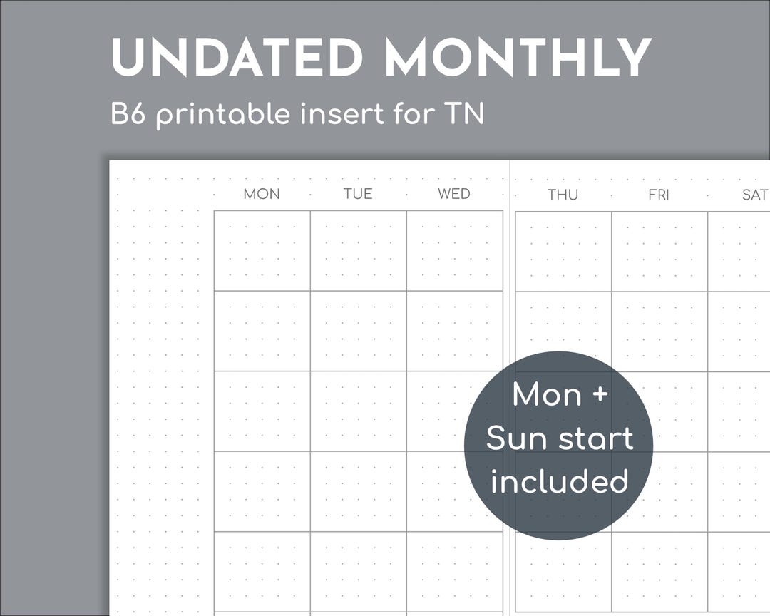 Dateless Monthly Calendar Printable B6 Travelers Insert, 5mm Dot Grid ...