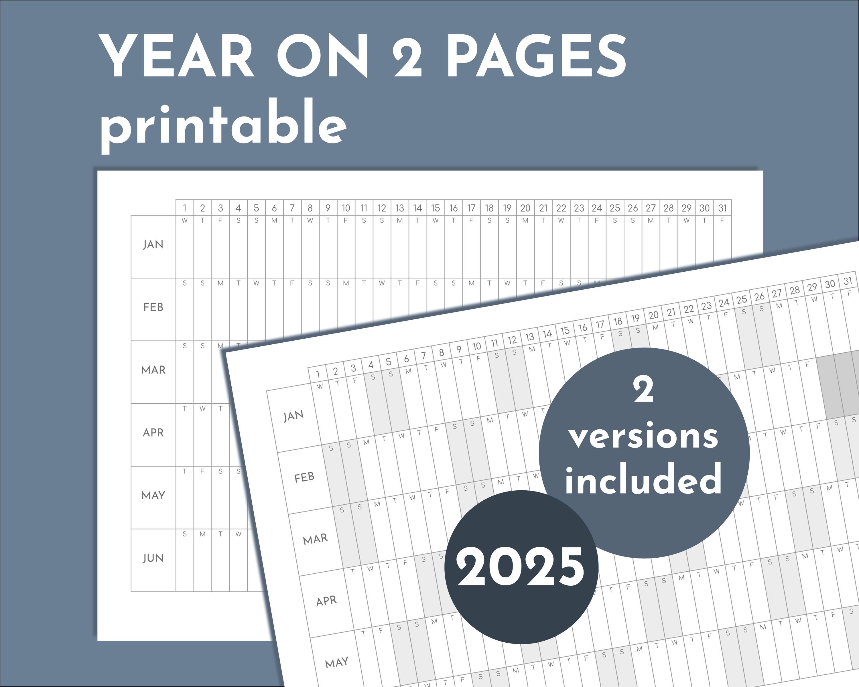 2025 Year Overview 2 Page Printable Calendar, 6 Months per Page Yearly ...