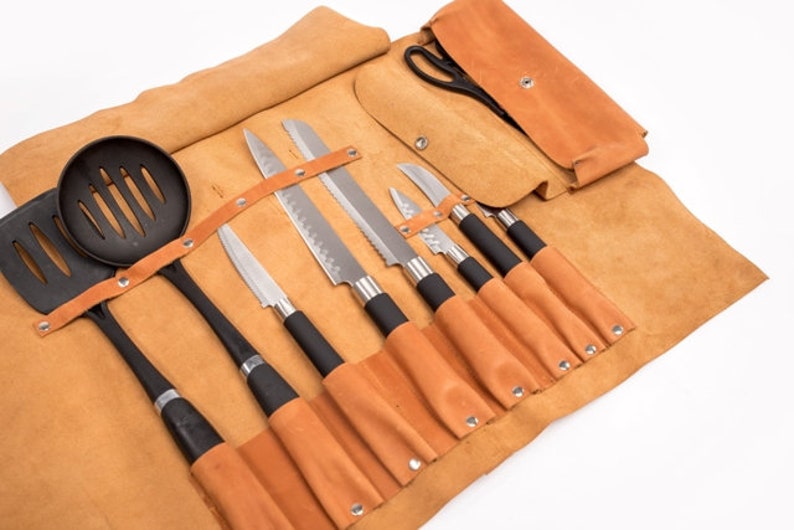 6 slot Leather knife roll Chef knife roll Father day gift Chef | Etsy
