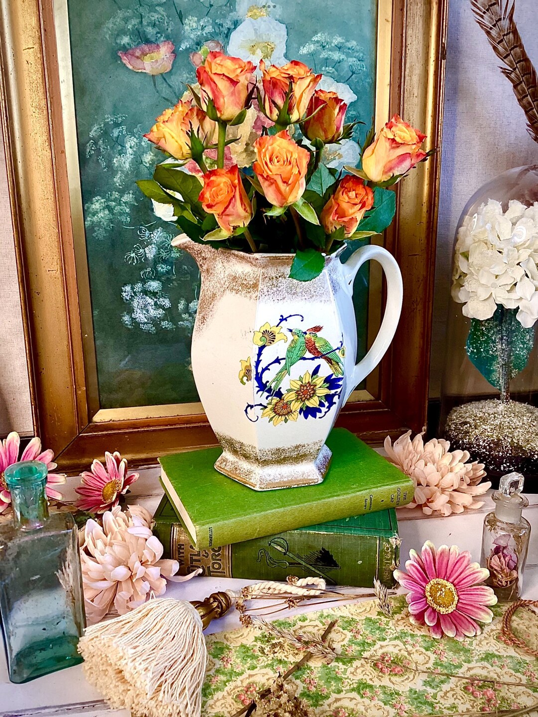 Stunning Art Deco Style Vintage Jug / Vase Decorated With A Pretty Bird ...