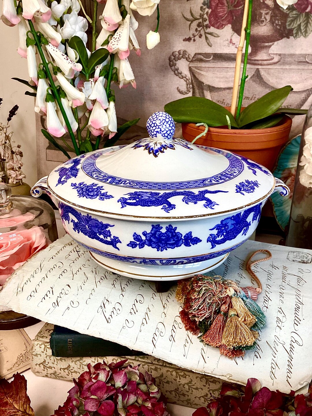 Vintage Royal Cauldon Dragon Tureen: Blue Flow China, Tablescape Decor ...